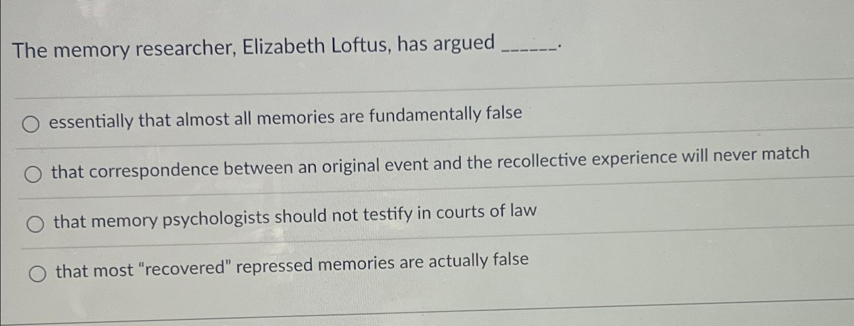 Solved The memory researcher, Elizabeth Loftus, has | Chegg.com