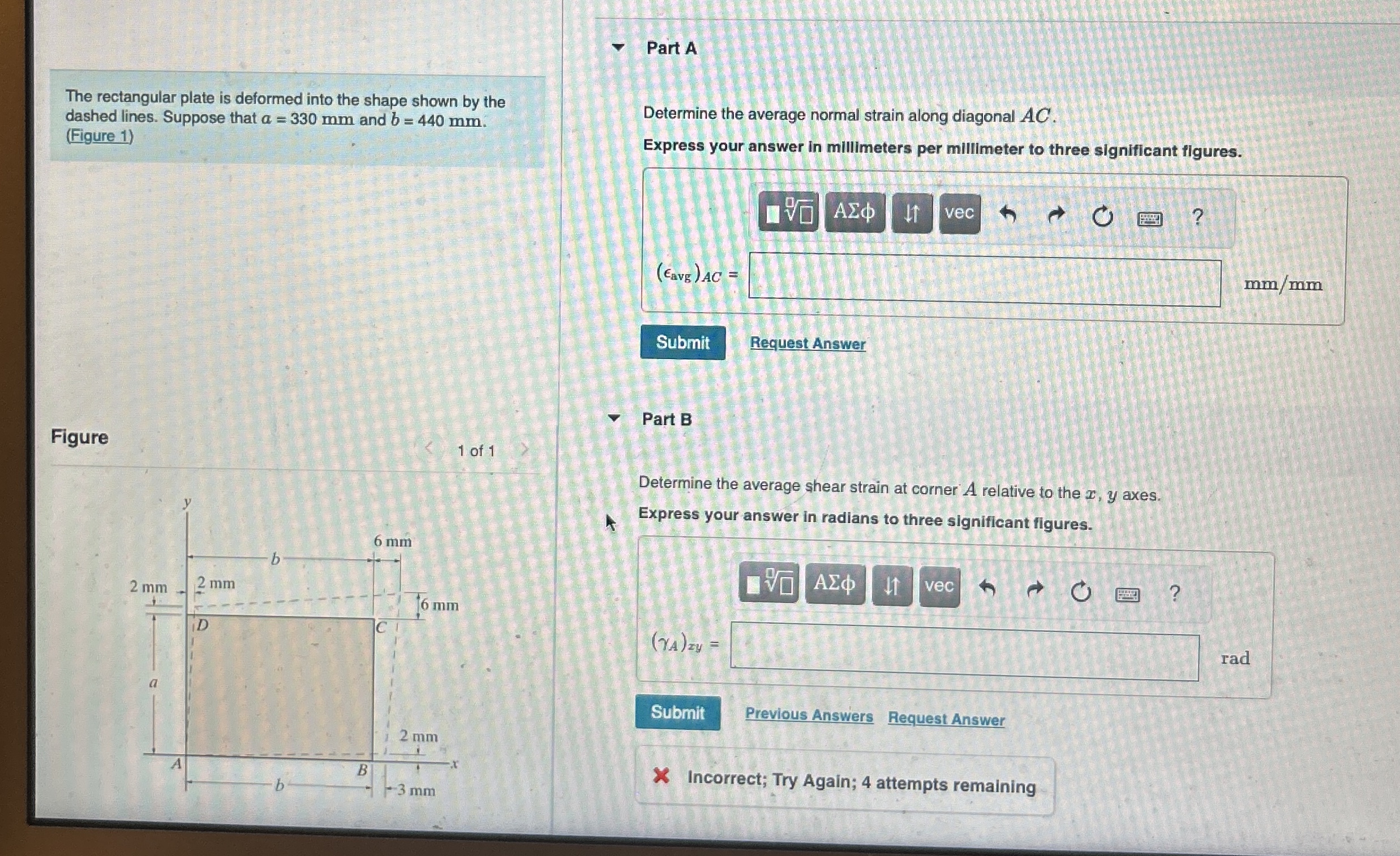 Solved Part AThe rectangular plate is deformed into the | Chegg.com