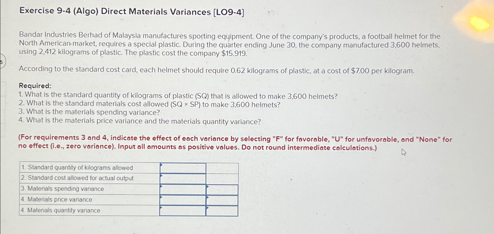 Solved Exercise 9-4 (Algo) ﻿Direct Materials Variances | Chegg.com