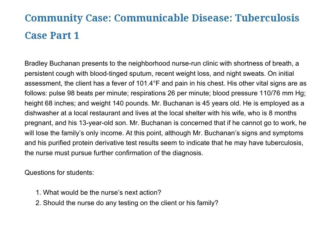 Solved Community Case: Communicable Disease: Tuberculosis | Chegg.com