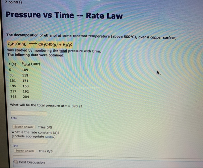 Solved 2 point(s) Pressure vs Time -- Rate Law The | Chegg.com