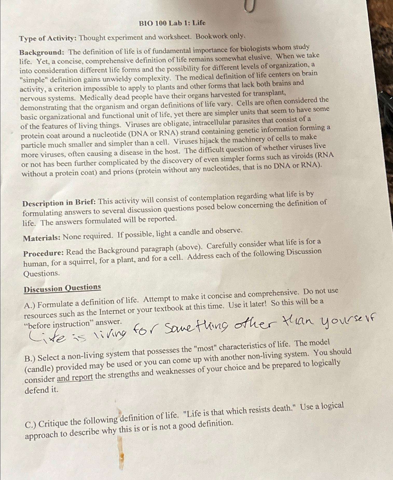 Solved BIO 100 ﻿Lab 1: LifeType of Activity: Thought | Chegg.com