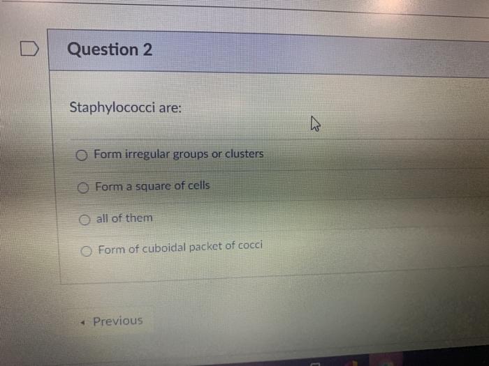 Solved Question 2 Staphylococci are: O Form irregular groups | Chegg.com