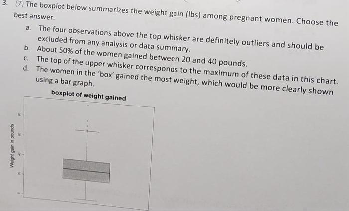 Solved 3. (7) The boxplot below summarizes the weight gain | Chegg.com