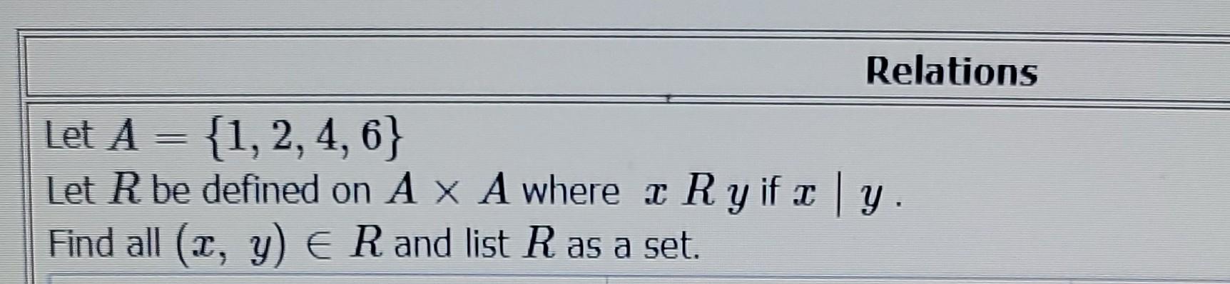 Solved Relations Let A={1,2,4,6} Let R be defined on A×A | Chegg.com