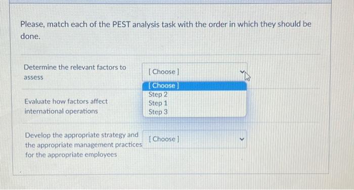 Solved Please, match each of the PEST analysis task with the | Chegg.com