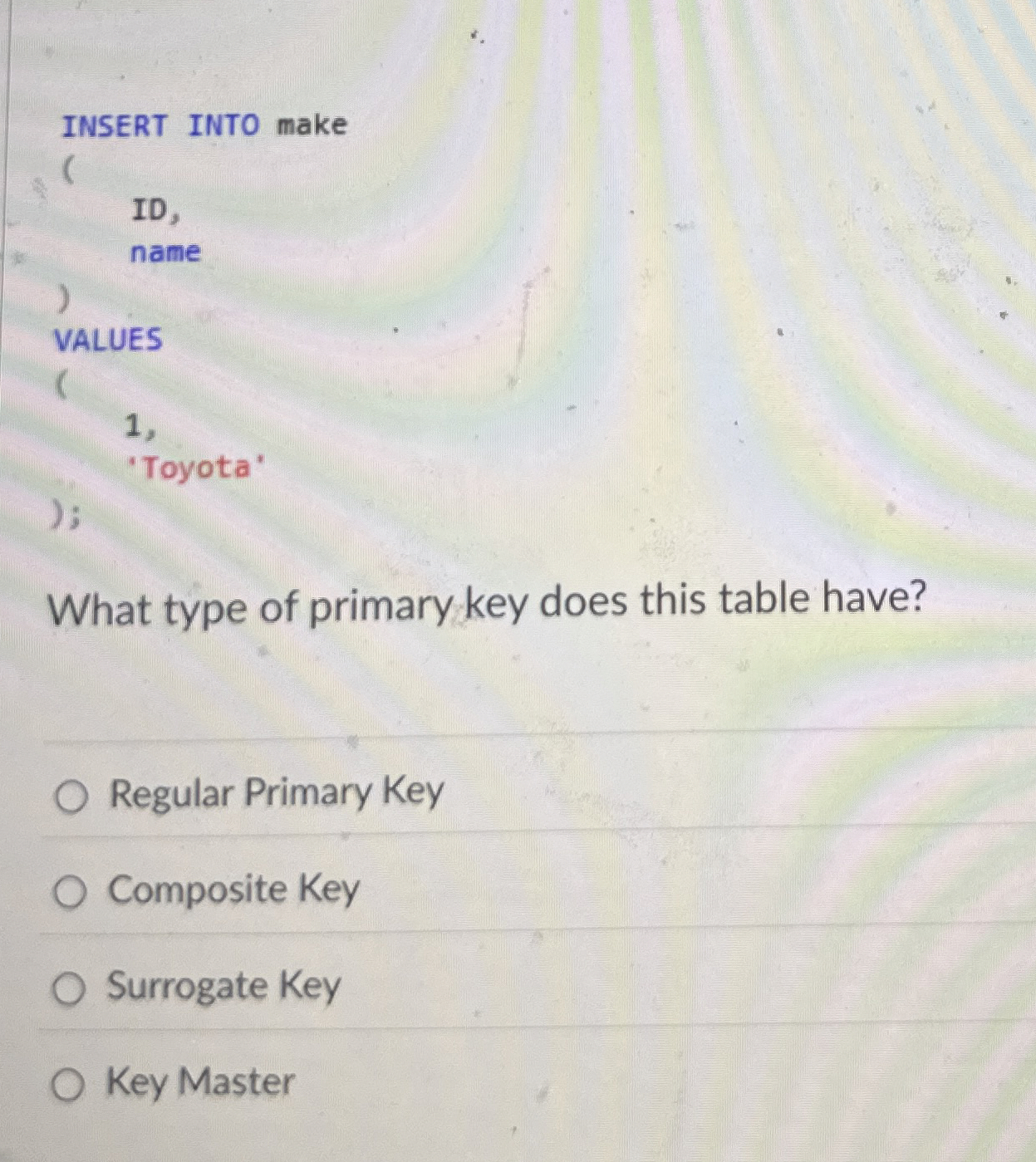 Solved INSERT INTO makeID,nameVALUES1,'Toyota'；What type of | Chegg.com