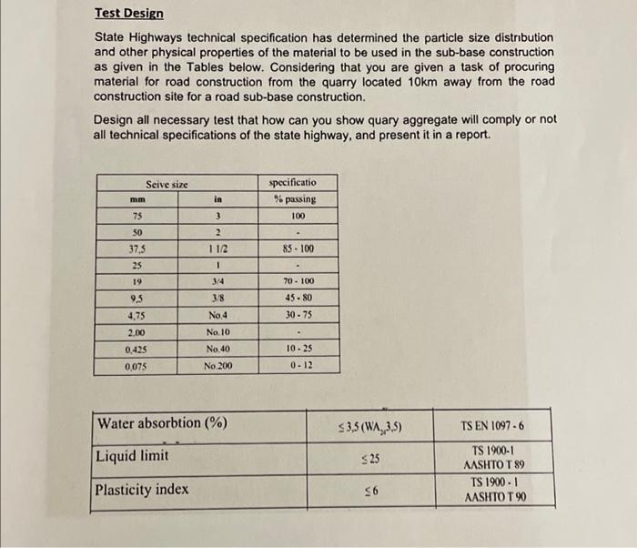 Solved Test Design State Highways technical specification | Chegg.com