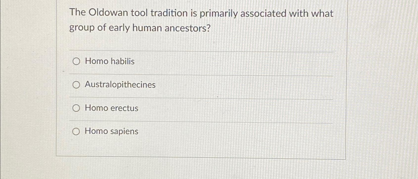 Solved The Oldowan tool tradition is primarily associated | Chegg.com
