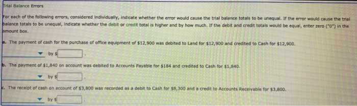 Solved Trial Balance Errors For each of the following | Chegg.com
