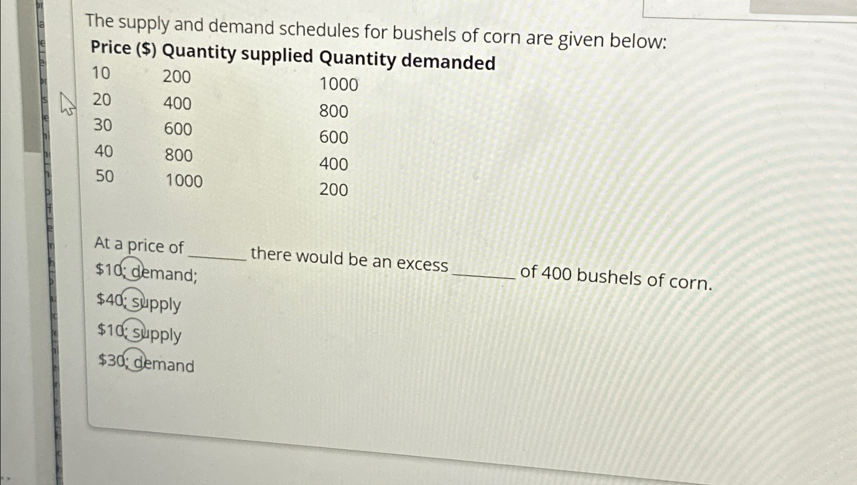 Solved The supply and demand schedules for bushels of corn | Chegg.com
