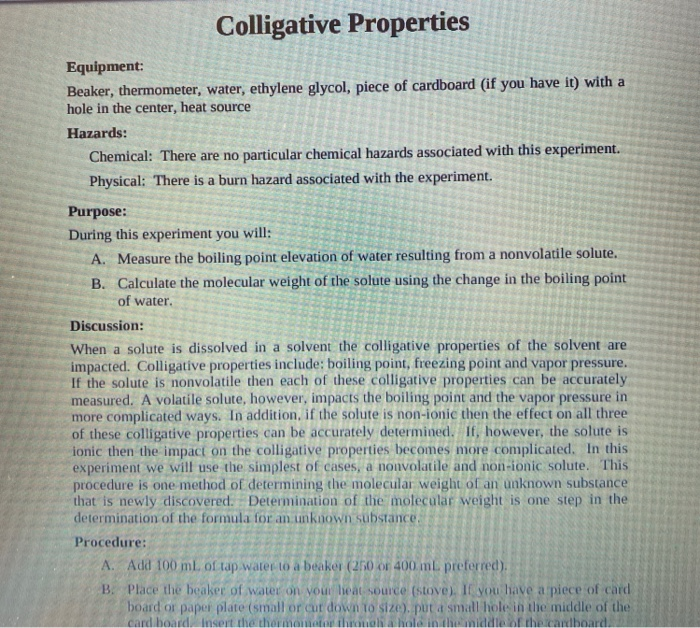 Solved Colligative Properties Equipment: Beaker, | Chegg.com