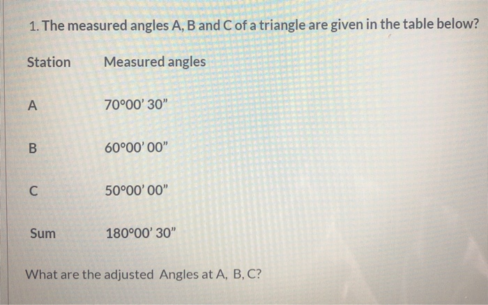 Solved 1. The measured angles A, B and C of a triangle are | Chegg.com