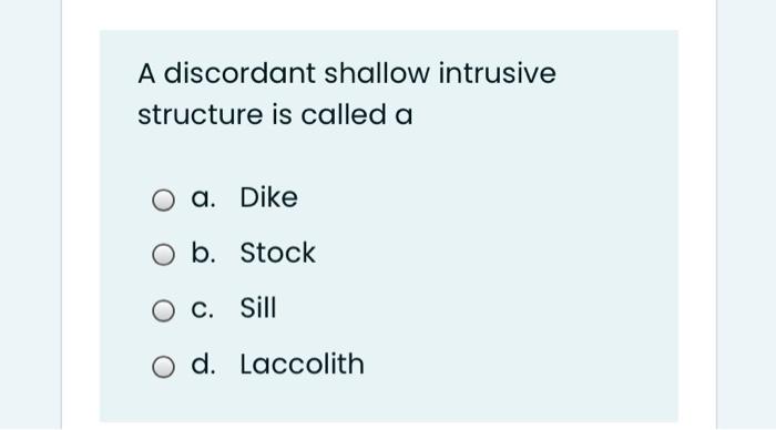 Solved A discordant shallow intrusive structure is called a | Chegg.com