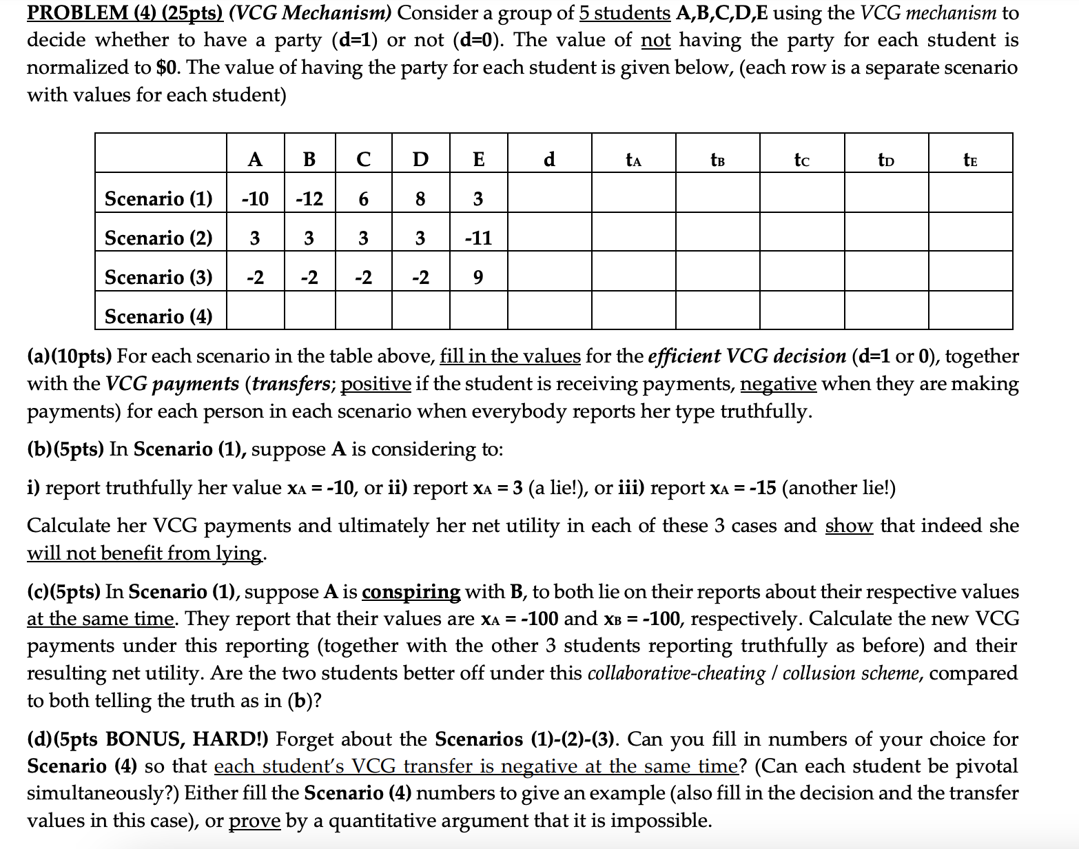 PROBLEM (4) (25pts) (VCG Mechanism) ﻿Consider a group | Chegg.com