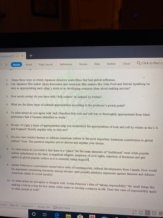 Orksheet(1) . Home Insert Page Layout References | Chegg.com
