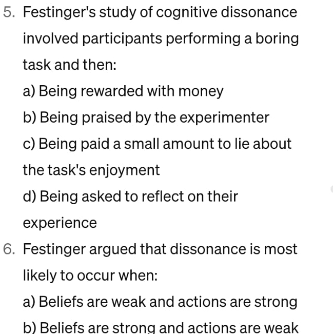 Solved Festinger's study of cognitive dissonance involved | Chegg.com