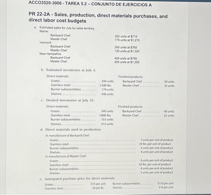 PR 22-2A - Sales, production, direct materials | Chegg.com