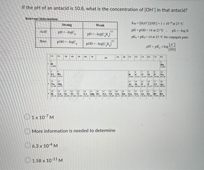 Solved If the pH of an antacid is 10.8, what is the | Chegg.com