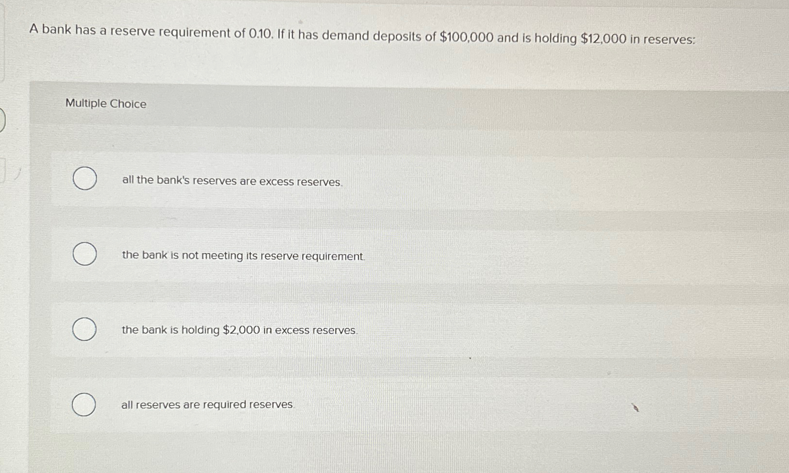 Solved A bank has a reserve requirement of 0.10 . ﻿If it has | Chegg.com