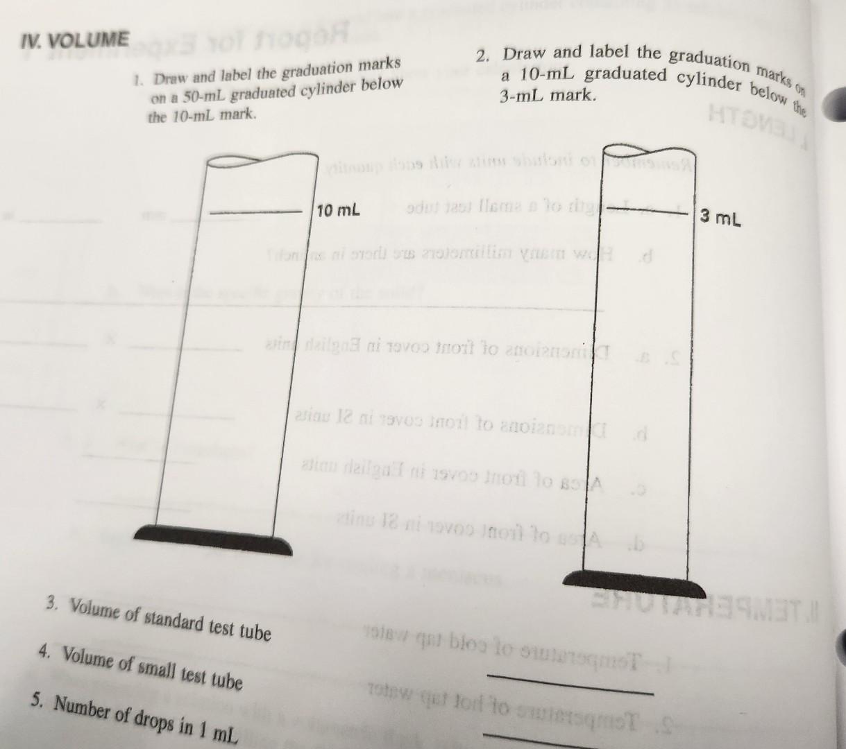 Solved IV. VOLUME 2. Draw and label the graduation marks on | Chegg.com