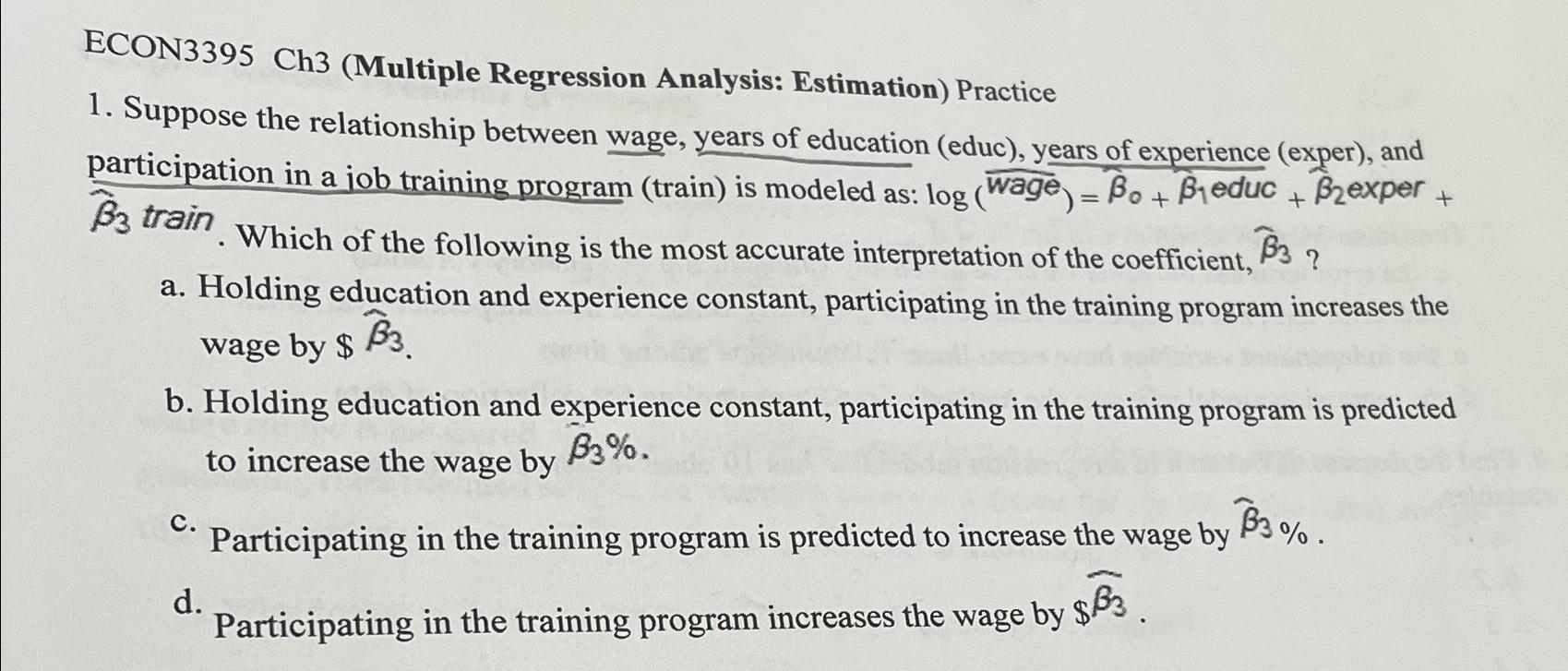 Solved ECON3395 ﻿Ch3 (Multiple Regression Analysis: | Chegg.com