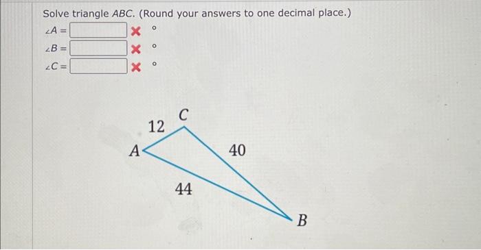Solved Solve triangle ABC. (Round your answers to one | Chegg.com