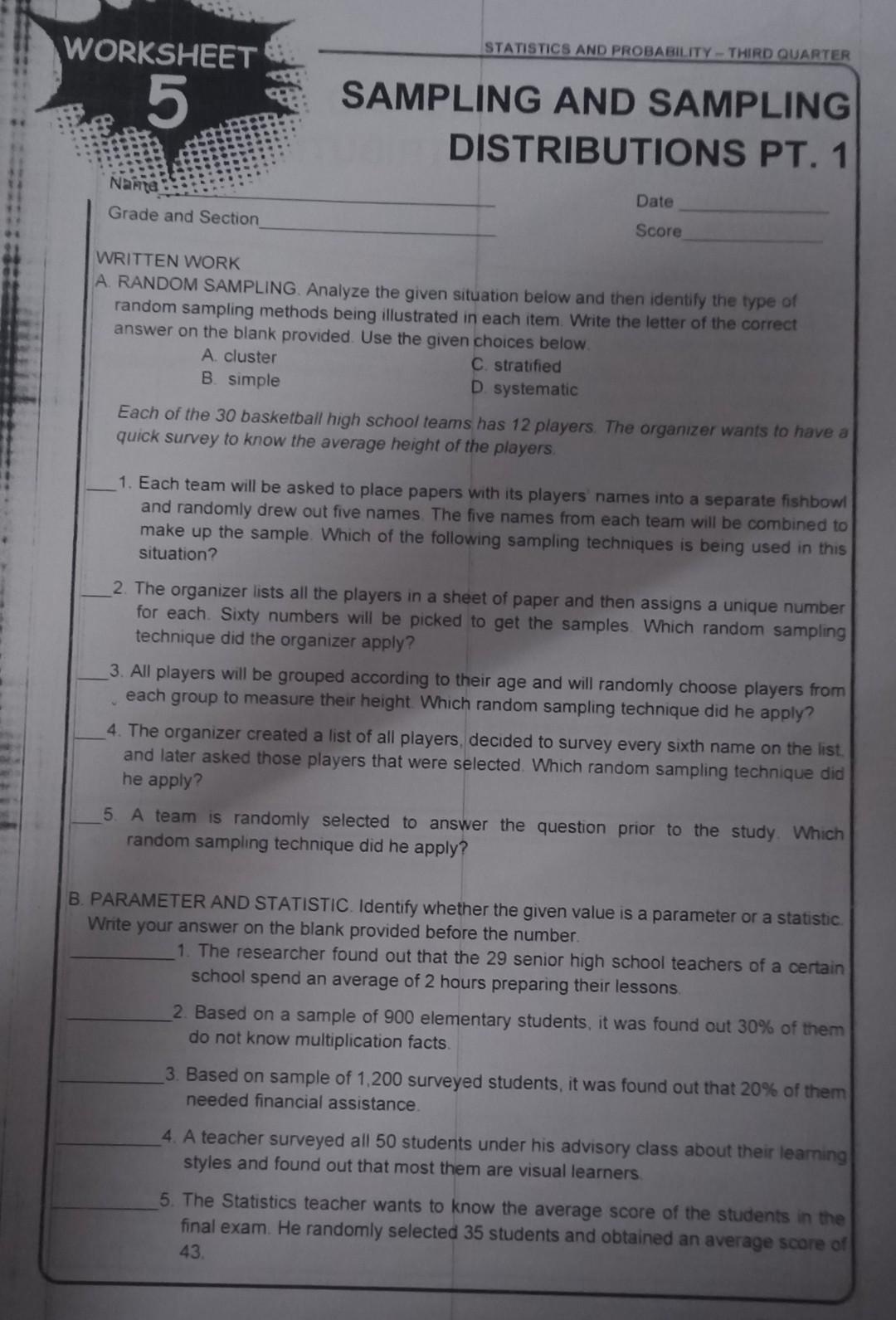 Solved WORKSHEET STATISTICS AND PROBABILITY-THIRD QUARTER 5 | Chegg.com