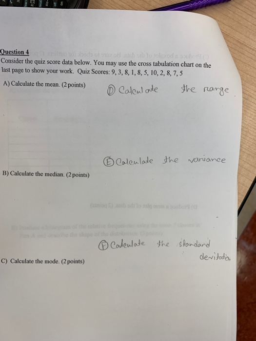 Solved Question 4 Ta b Consider the quiz score data below. | Chegg.com