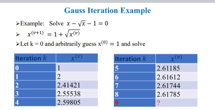 Solved Gauss Iteration Example >Example: Solve x - 7x – 1 = | Chegg.com