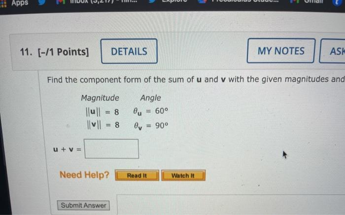 Solved Find the component form of the sum of u and v with | Chegg.com