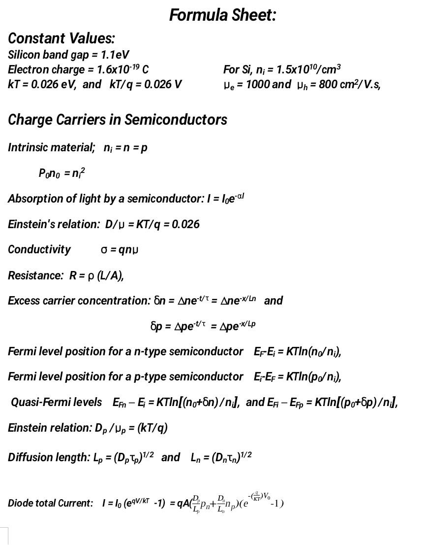 Solved Formula Sheet: Constant Values: Silicon band gap = | Chegg.com