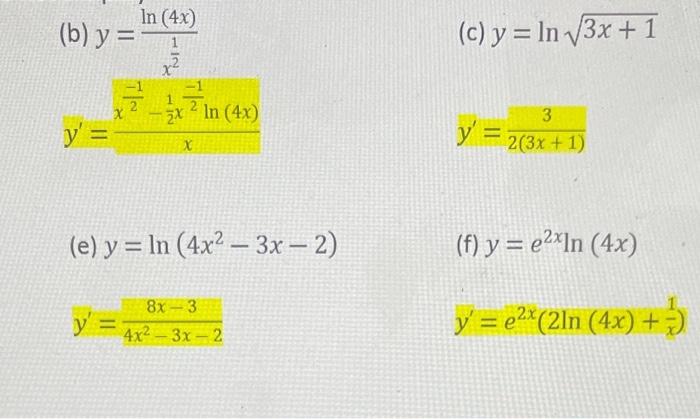 Solved (b) y=x21ln(4x) (c) y=ln3x+1 y′=xx2−1−21x2−1ln(4x) | Chegg.com
