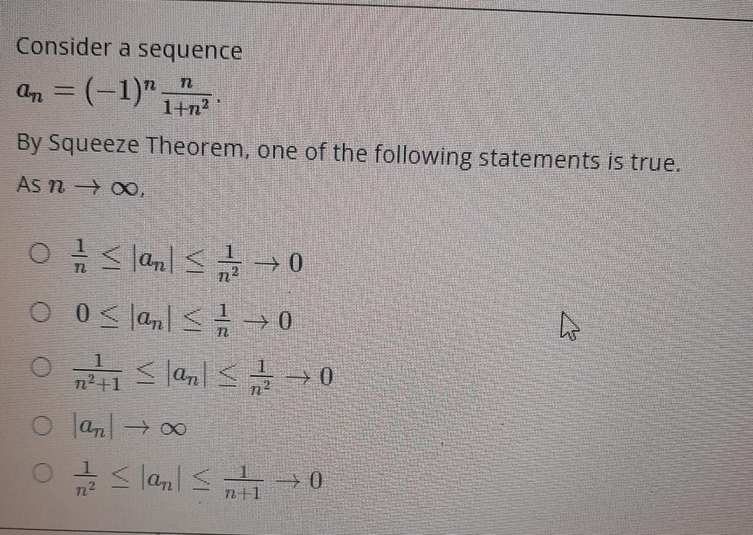 Solved Consider a sequence an=(−1)n1+n2n By Squeeze Theorem, | Chegg.com Solved Consider a sequence an=(−1)n1+n2n By Squeeze Theorem, | Chegg.com