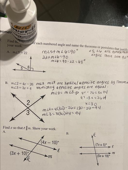 Solved that ℓ∥m. Show your work.A. m∠5=22 B. m∠2=4x−26mL2m∠3 | Chegg.com