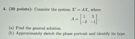 Solved (30 ﻿points): Consider the system x'=Ax, | Chegg.com