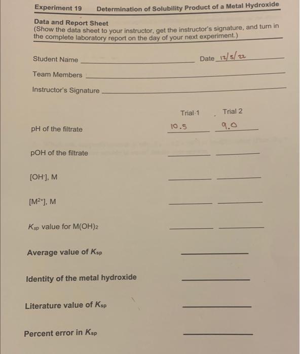 Solved Experiment 19 Determination of Solubility Product of | Chegg.com