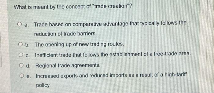Solved What is meant by the concept of "trade creation"? O | Chegg.com