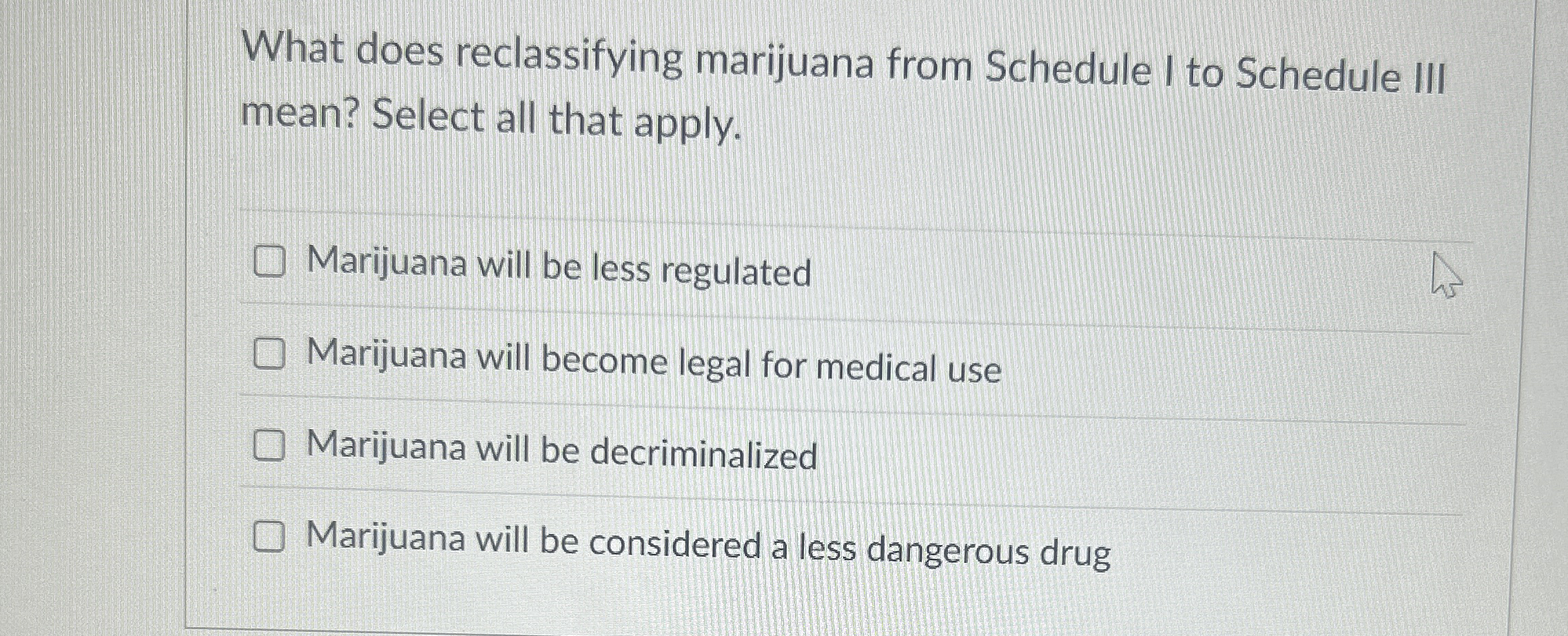 Solved What does reclassifying marijuana from Schedule I to | Chegg.com