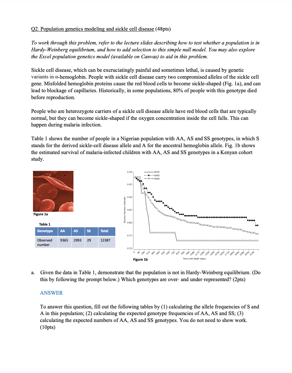 Solved Q2. ﻿Population genetics modeling and sickle cell | Chegg.com