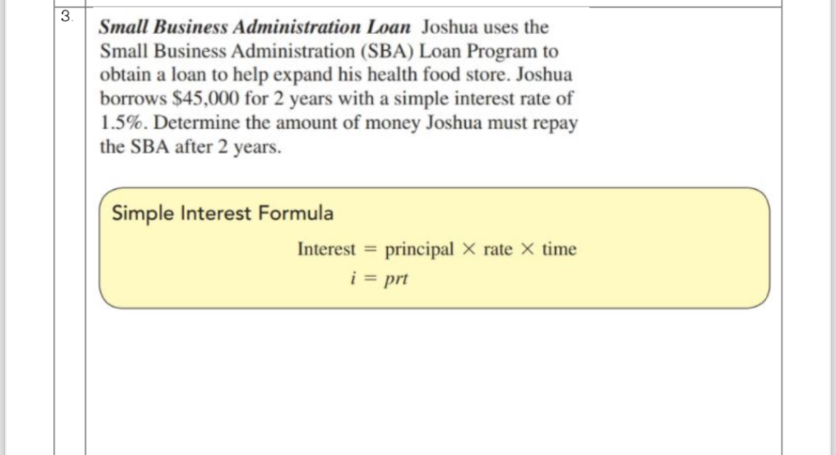 Solved Small Business Administration Loan Joshua uses the | Chegg.com