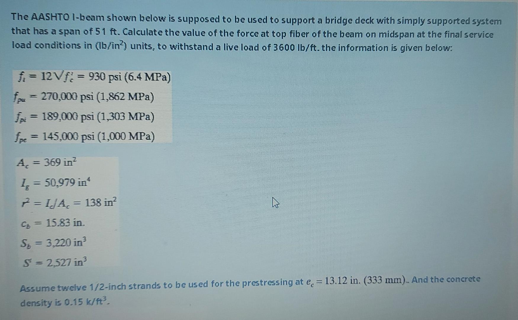 Solved The AASHTO I-beam shown below is supposed to be used | Chegg.com