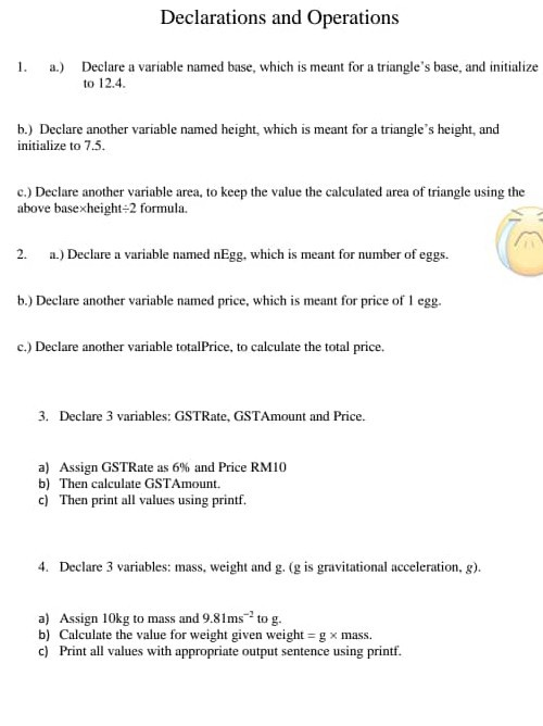 Declarations and Operations 1. a.) Declare a variable | Chegg.com