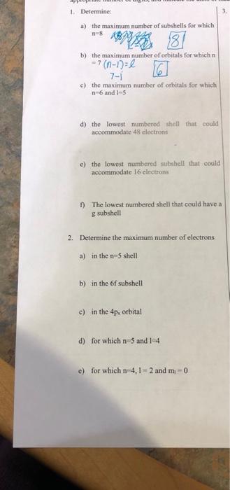 Solved 1 Determine: 3 a) the maximum number of subshells for | Chegg.com