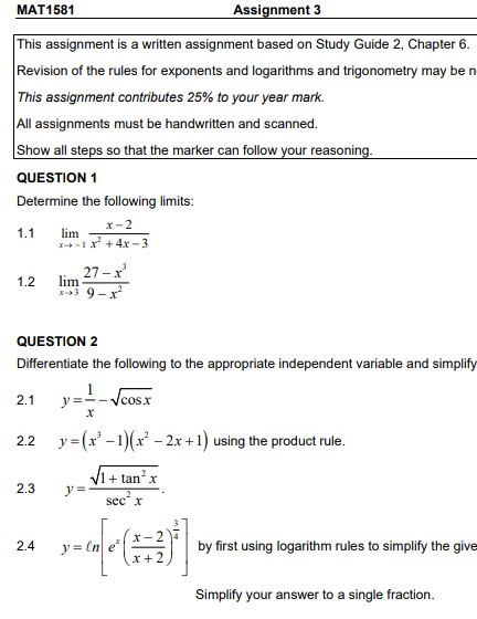 Solved MAT1581Assignment 3This assignment is a written | Chegg.com