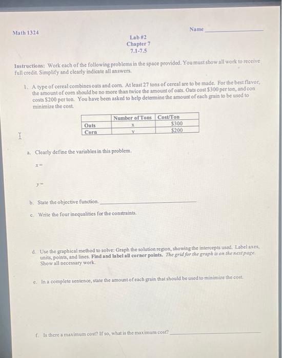 Math 1324 Name Lab 12 Chapter 77.1−7.5 Instructions: | Chegg.com