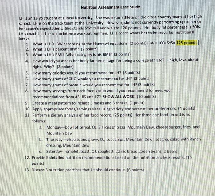 Solved Nutrition Assessment Case Study LH is an 18 yo | Chegg.com