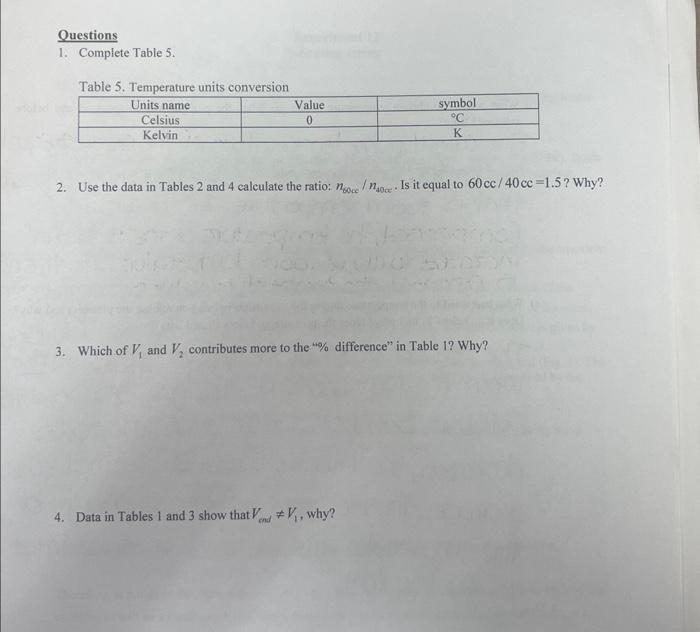 Solved Table 5. Temnerature units conversion 2. Use the data | Chegg.com