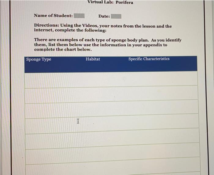 Solved Virtual Lab: Porifera Name of Student: Date: | Chegg.com