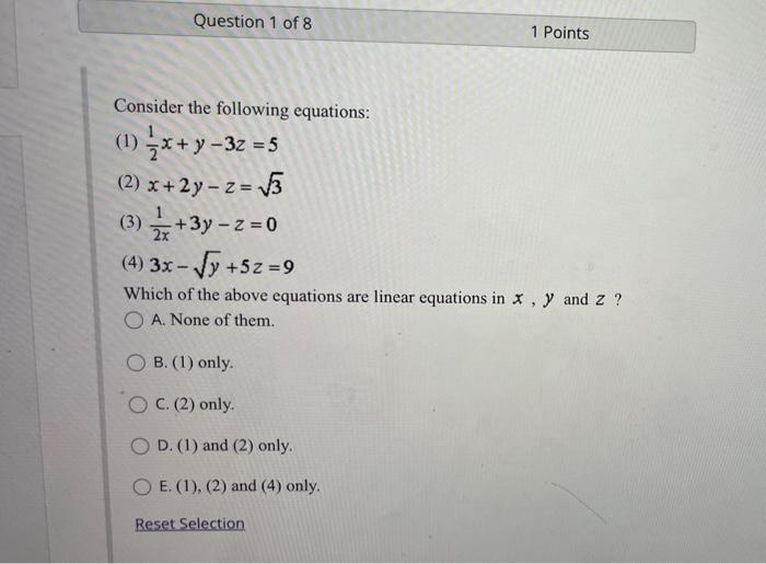 Solved Consider the following equations: (1) 21x+y−3z=5 (2) | Chegg.com